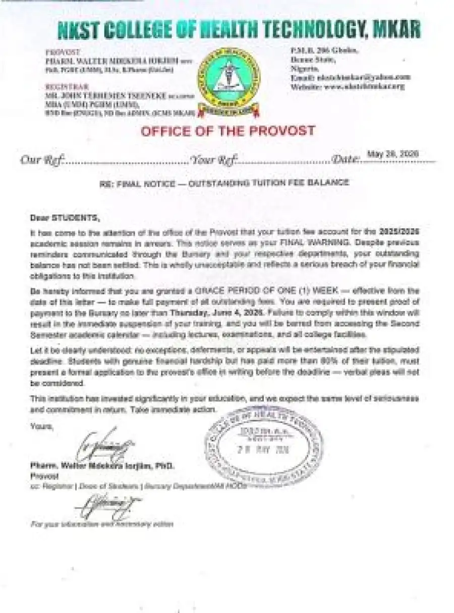 NKST College of Health Tech. Mkar issues final notice on payment of ...