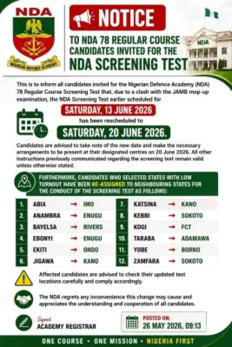 NDA reschedules screening date for 78th Regular Course Waploaded