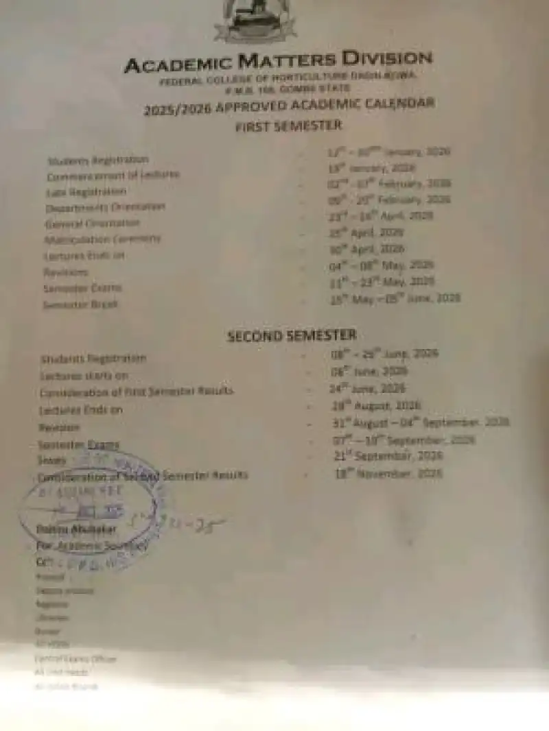 Federal College of Horticulture Dadin-Kowa Academic Calendar, 2025/2026 ...