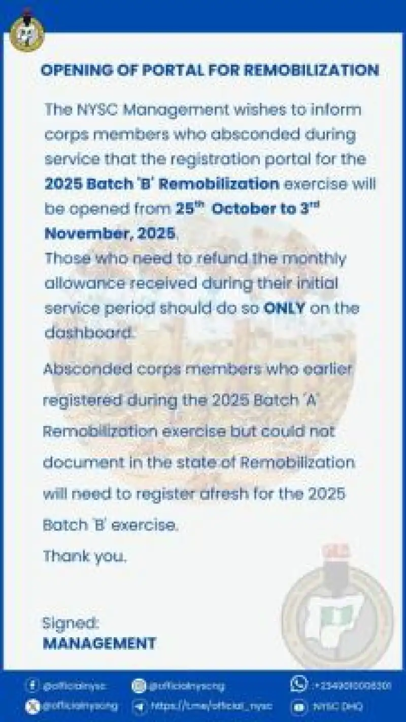 NYSC notice on 2025 Batch "B" remobilization exercise Waploaded