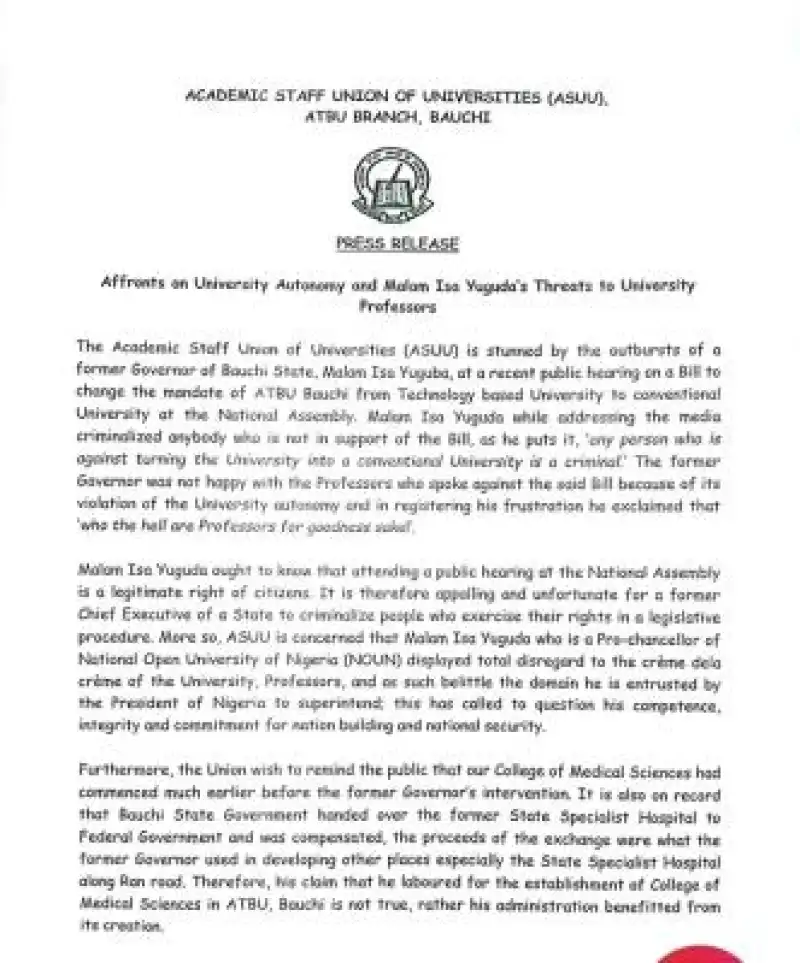 ATBU ASUU branch condemns former Governor's "Criminal" remark Against ...